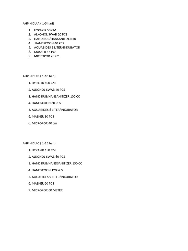 NICU Supplies for Aquabides and Hypapik | PDF