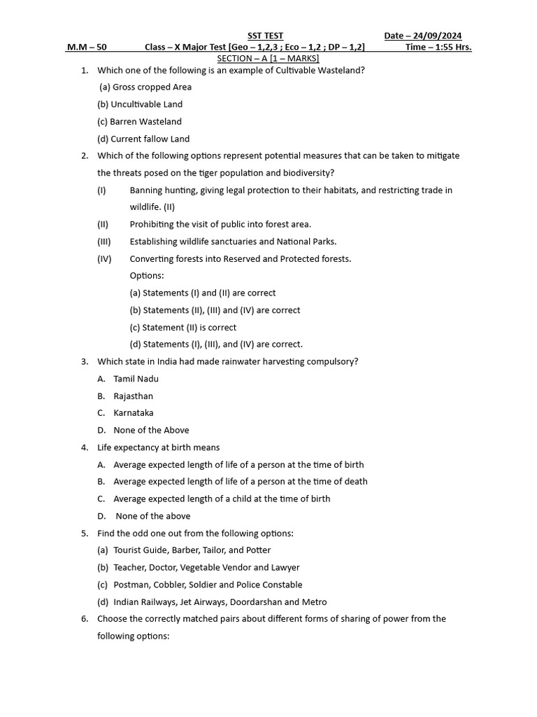 Sst Major Test Pdf Employment Natural Environment