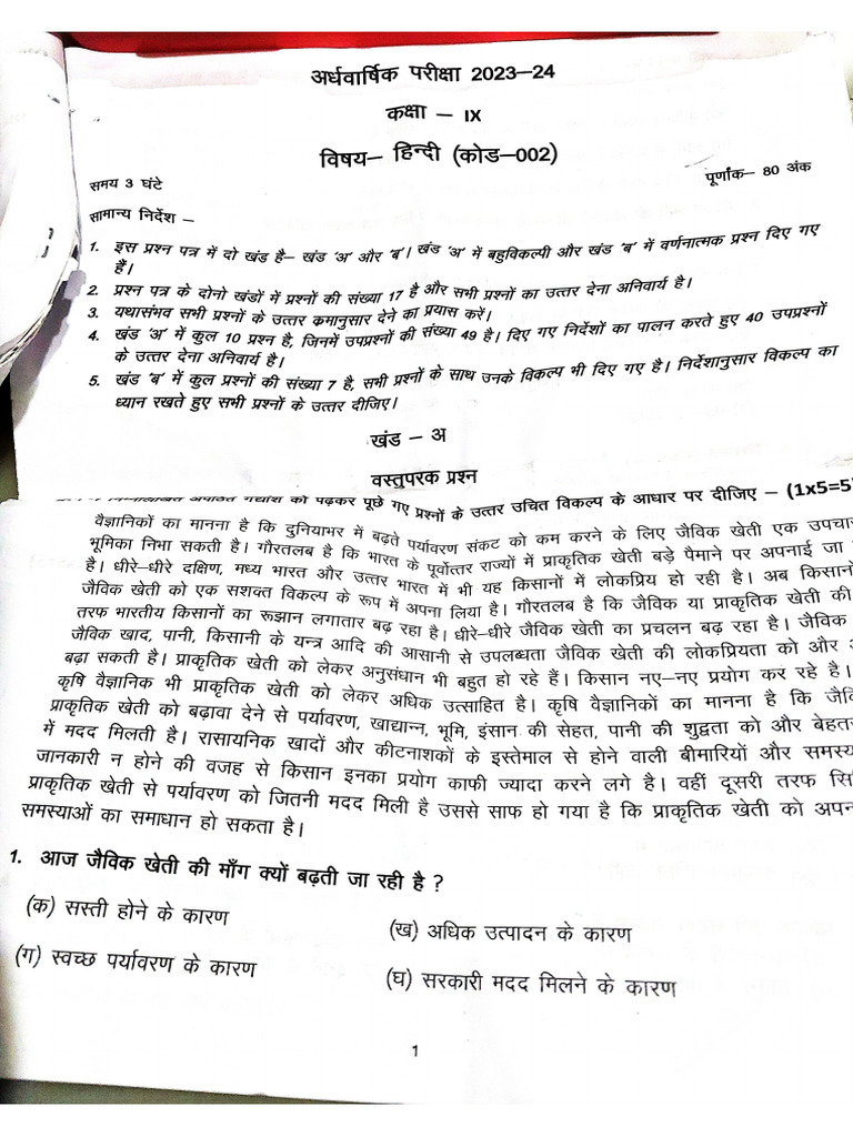 Class 9 Academy Hindi Last Year Paper | PDF