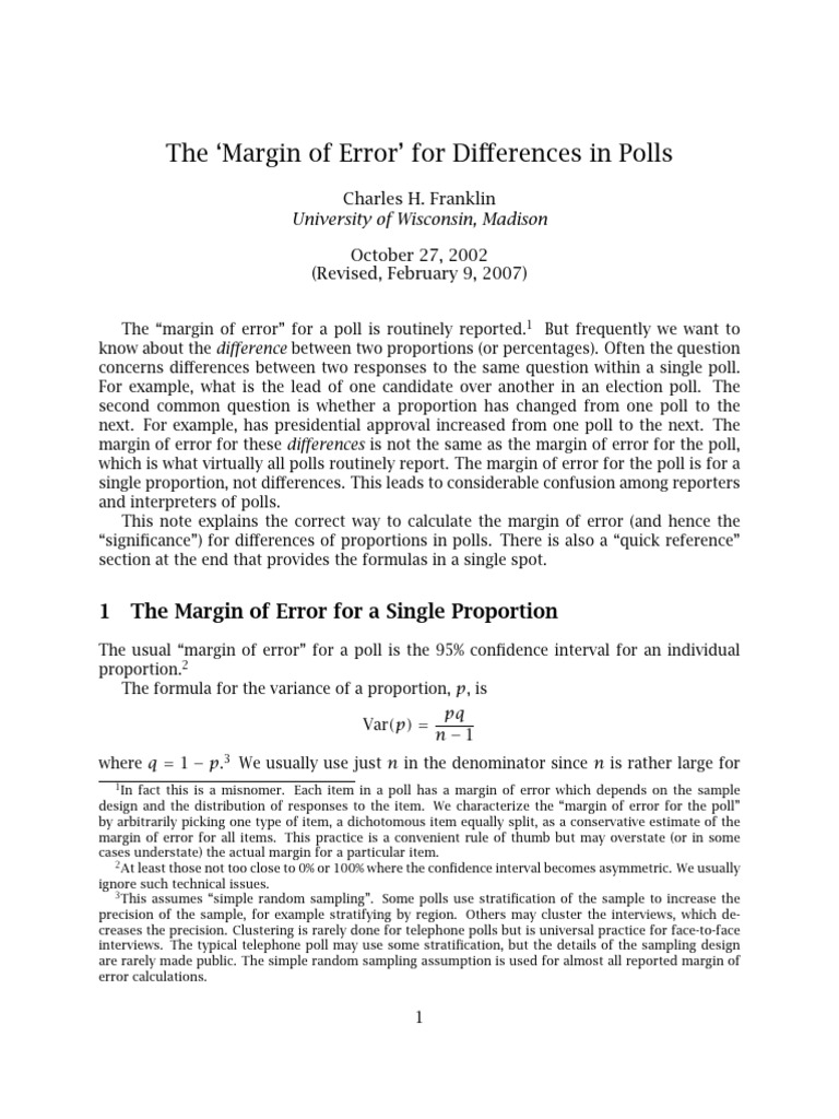 The Margin of Error' For Differences in Polls | PDF | Margin Of Error ...