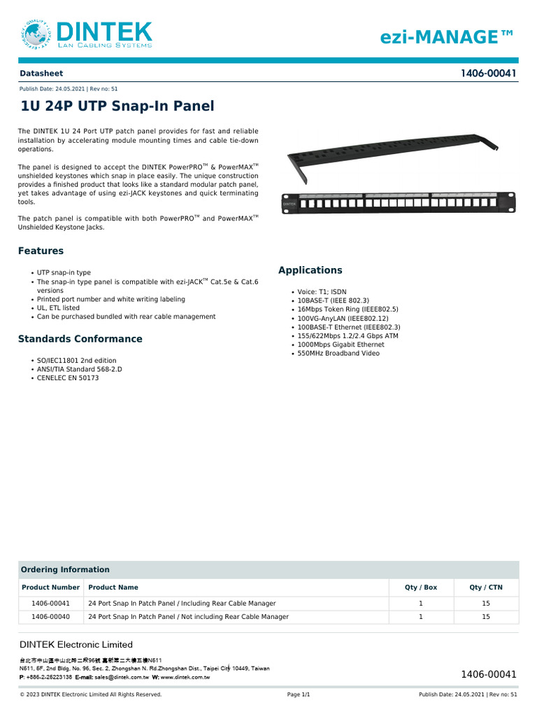 ezi-MANAGE™: 1U 24P UTP Snap-In Panel | PDF | Telecommunications ...