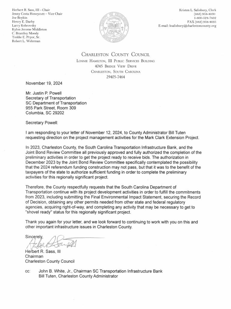 SCDOT Letter Regarding Mark Clark Extension Project | PDF