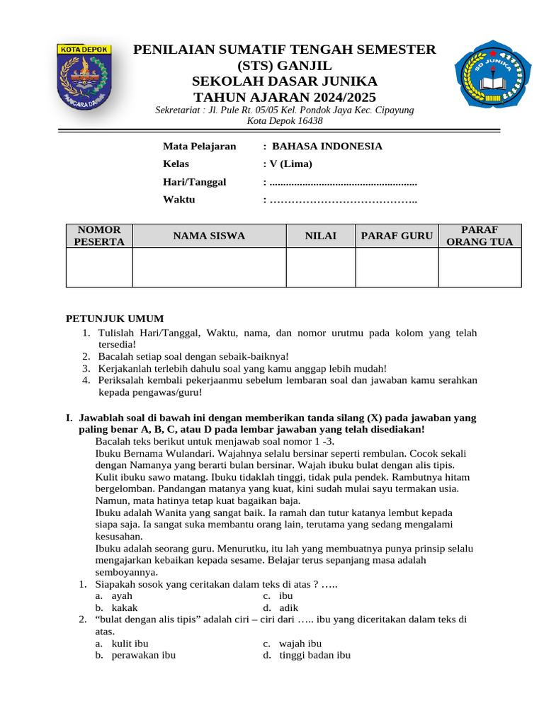 Kop PTS Atau STS Ganjil 2024 B Indo | PDF