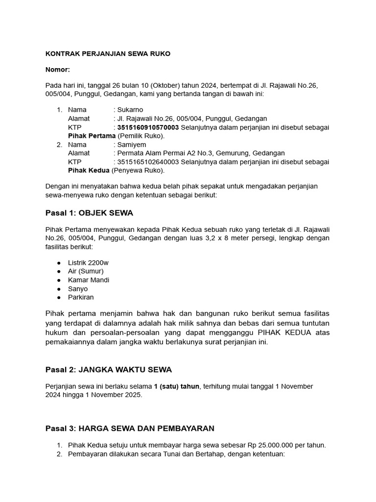 Kontrak Perjanjian Sewa Ruko | PDF