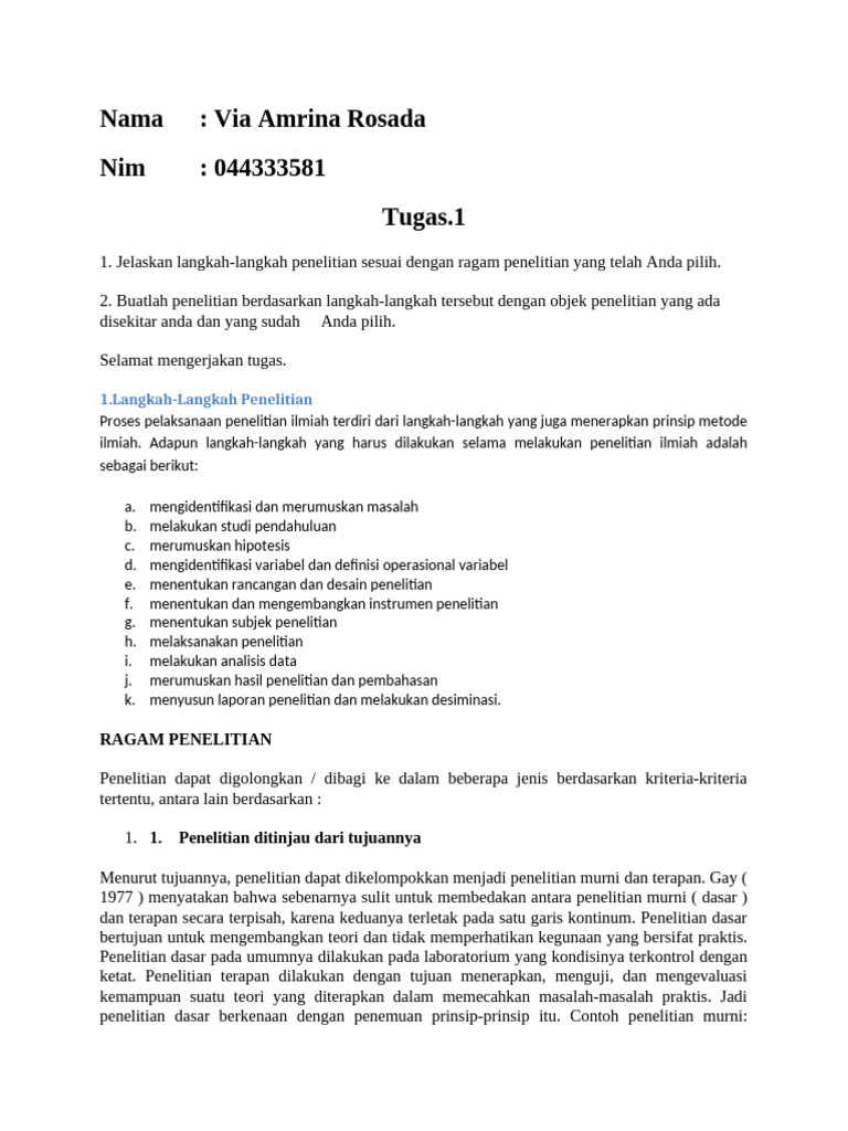 Tugas 1 Metode Penelitian Via Amrina Rosada 044333581 | PDF