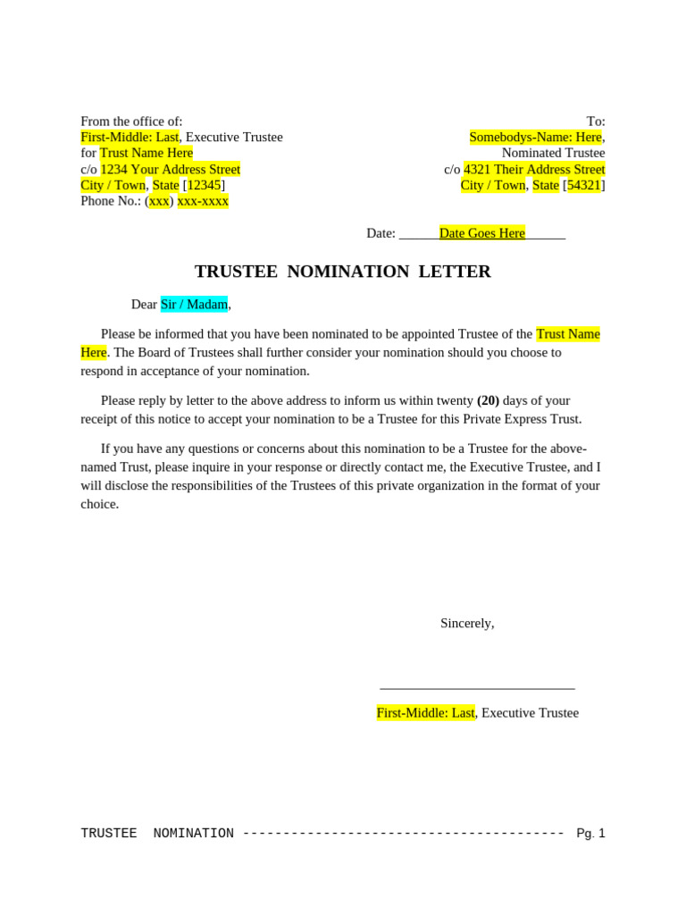 Trustee Nomination Letter Template | PDF | Common Law