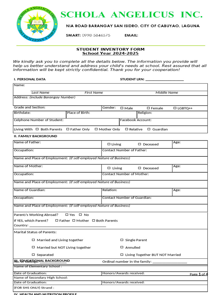 STUDENT INVENTORY FORM | PDF | Family