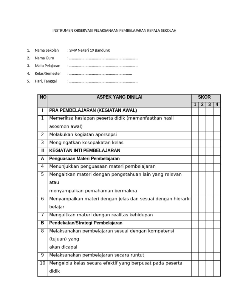 Instrumen Observasi Pelaksanaan Pembelajaran Teman Sejawat | PDF