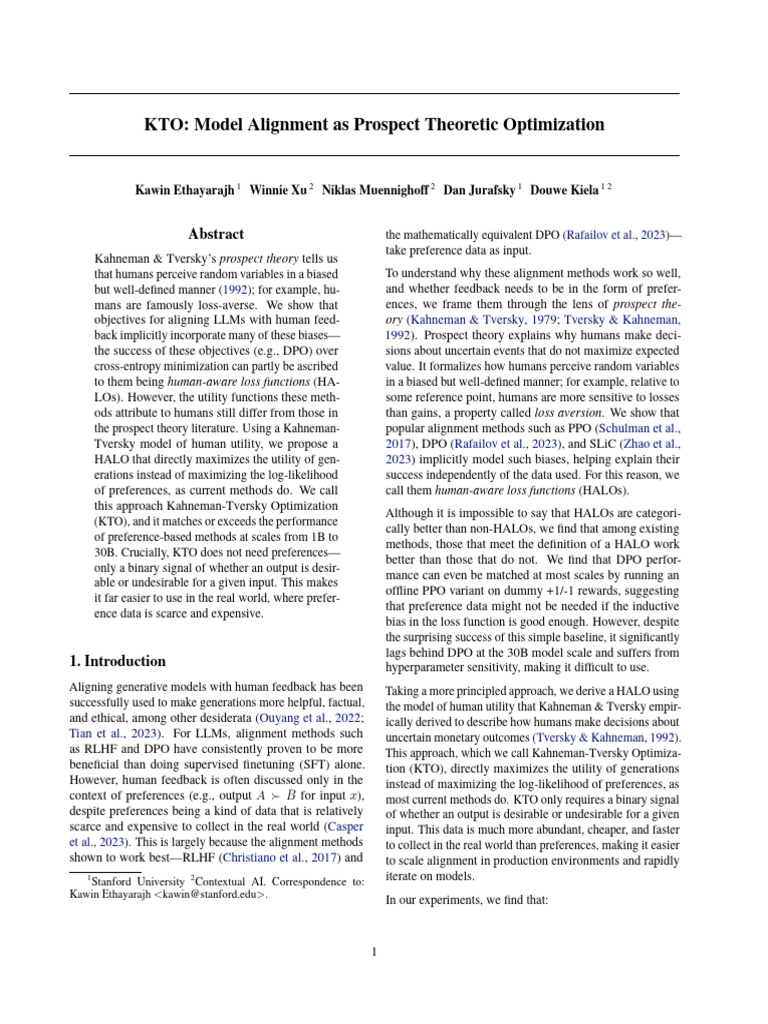 KTO - Model Alignment As Prospect Theoretic Optimization | PDF ...