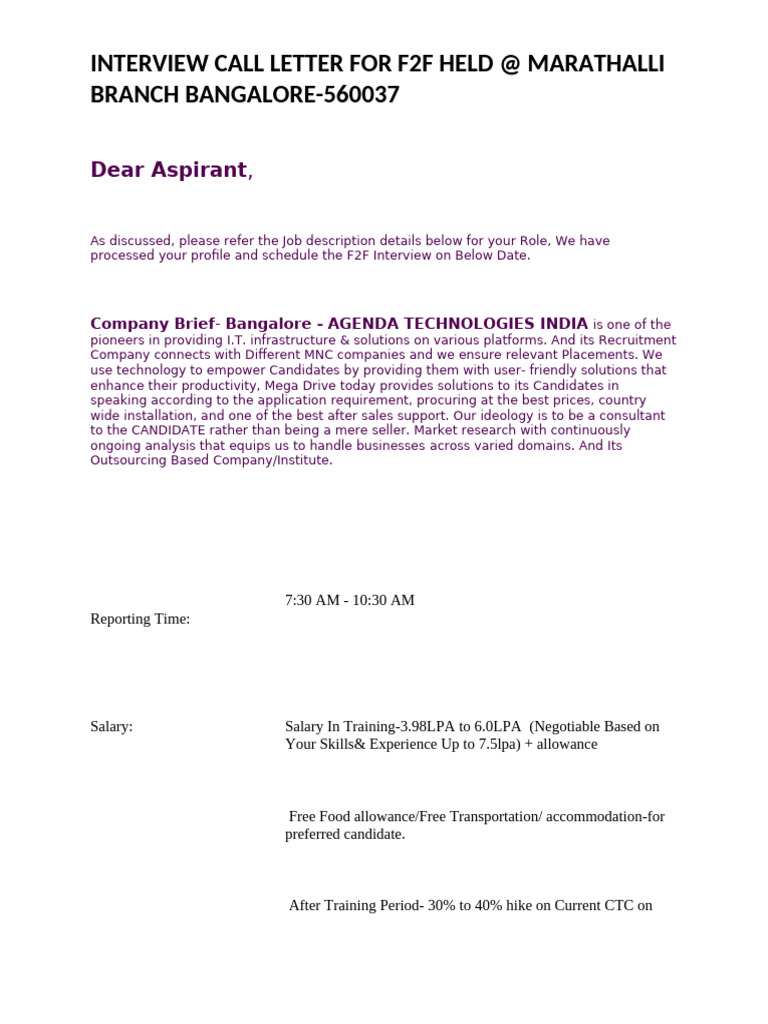 Interview Call Letter for Aspirity Tech | PDF | Business