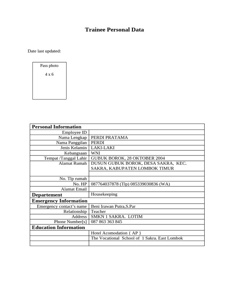 Trainee Personal Data Form XII PHTL 1 | PDF