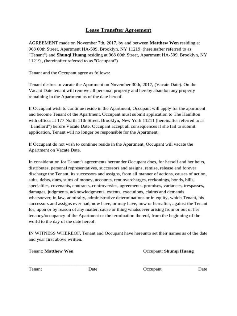 Lease Transfer Agreement Template | PDF | Politics