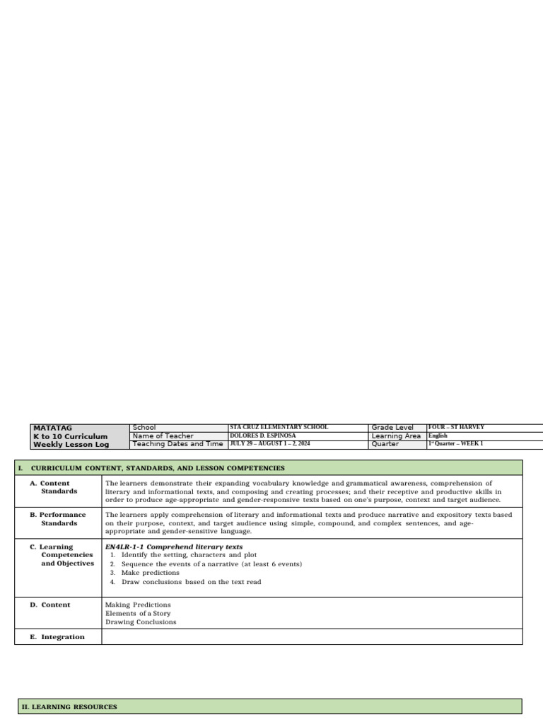 Grade 4 English Lesson Plan: Story Elements | PDF | Reading ...