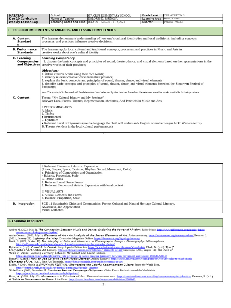 Q1 - LE - Music and Arts 4 - Lesson 1 - Week 1-2 | PDF | Dances | The Arts