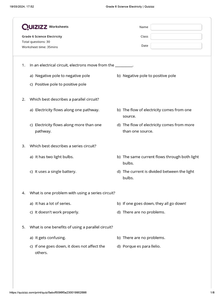 Grade 6 Electricity Quiz Worksheet | PDF | Series And Parallel Circuits ...