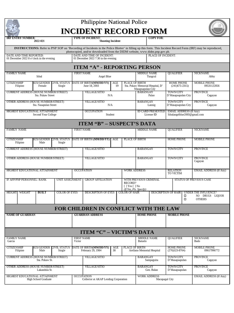 Incident Record Form Format | PDF | Law Enforcement | Crime & Violence