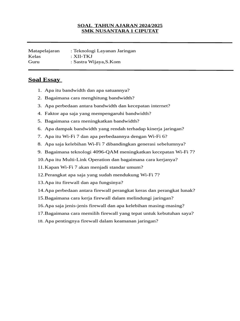 Soal TKJ Tahun Ajaran 2024 | PDF