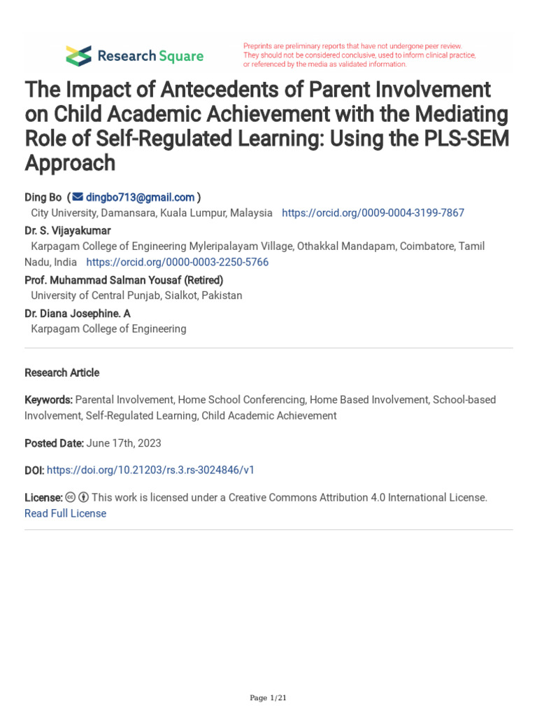 Parental Involvement and Academic Success | PDF | Coefficient Of ...