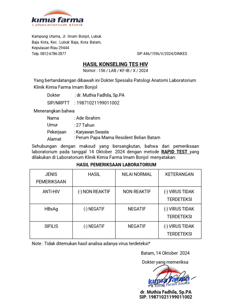 Surat Test Hiv Dan HBS Ag Kimia Farma-6 | PDF