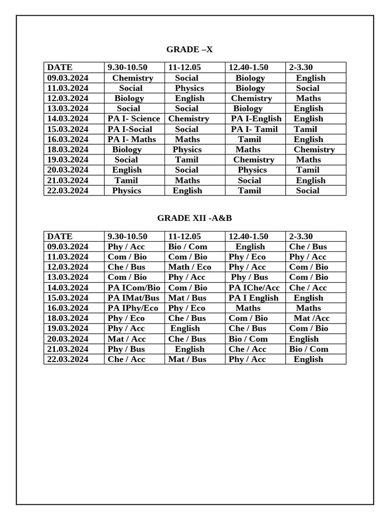 GRADE X & XII Time Table | PDF