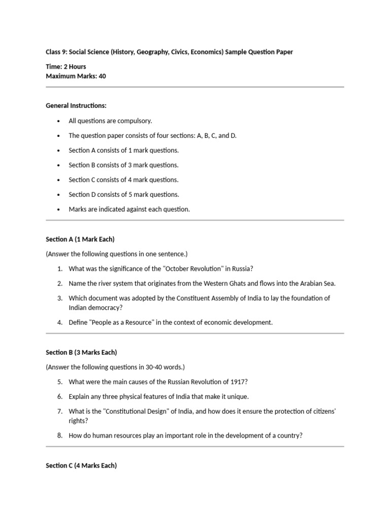 Class 9 Social Science Sample Paper | PDF | Russian Revolution ...