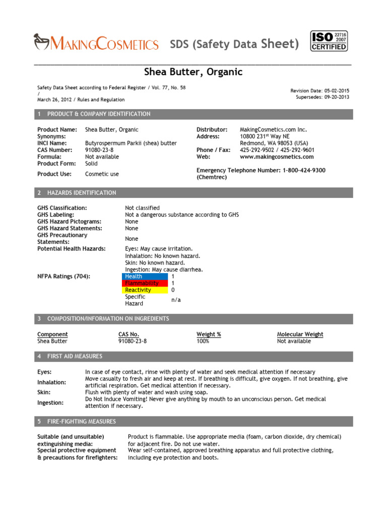 Sds Shea Butter | PDF | Dangerous Goods | Occupational Safety And Health