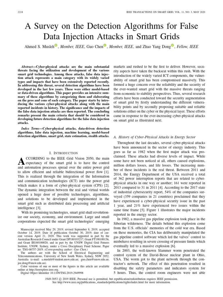 A Survey On The Detection Algorithms For False Data Injection Attacks In Smart Grids Pdf