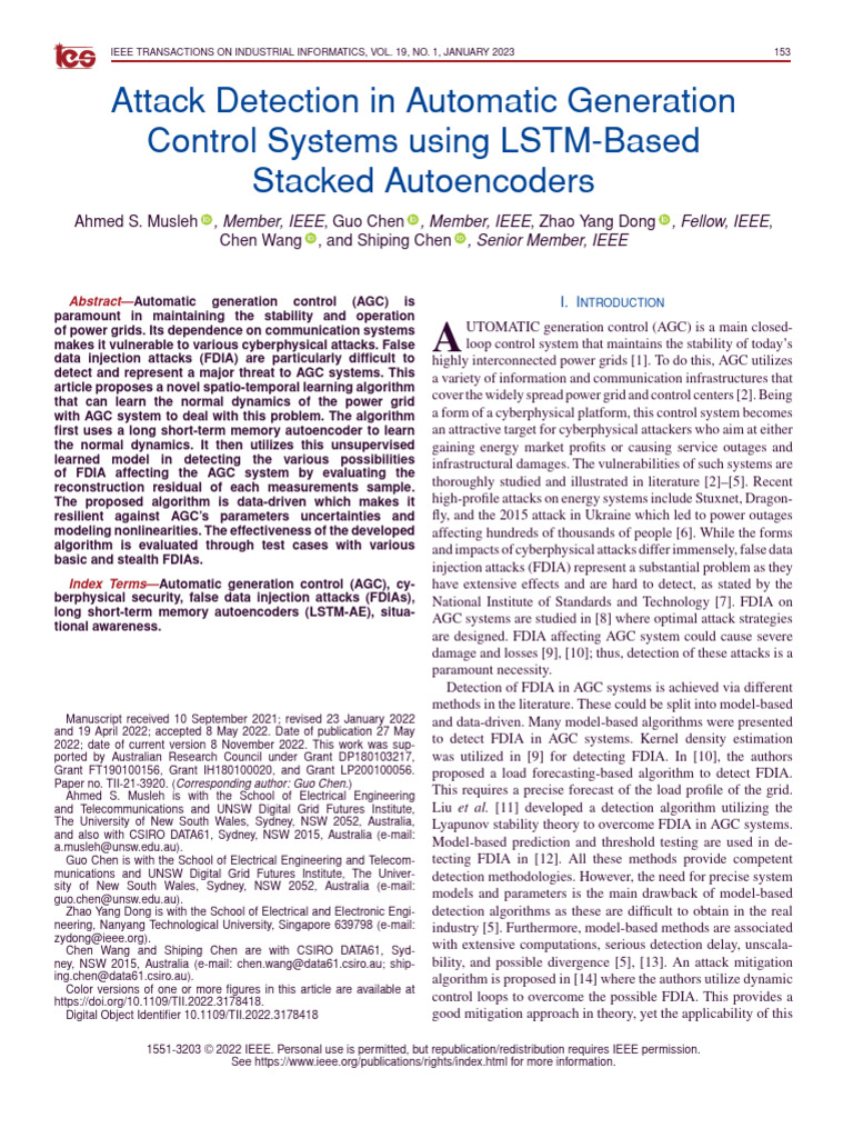 Attack Detection in Automatic Generation Control Systems Using LSTM-Based Stacked Autoencoders ...