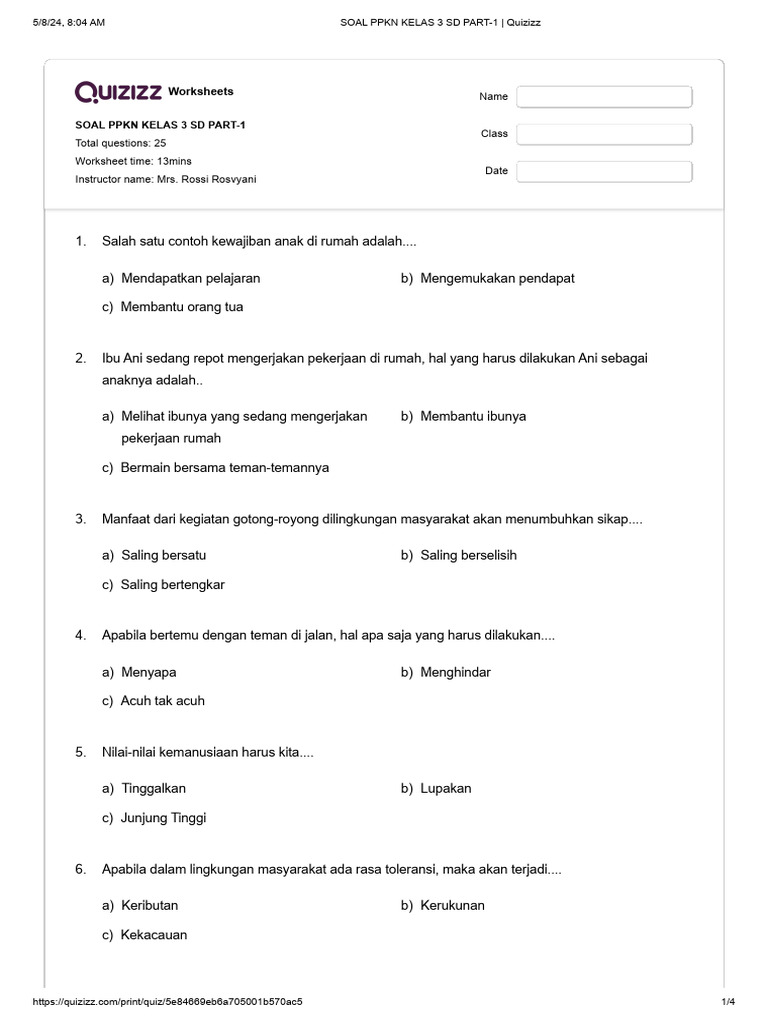 SOAL PPKN KELAS 3 SD PART-1 - Quizizz | PDF