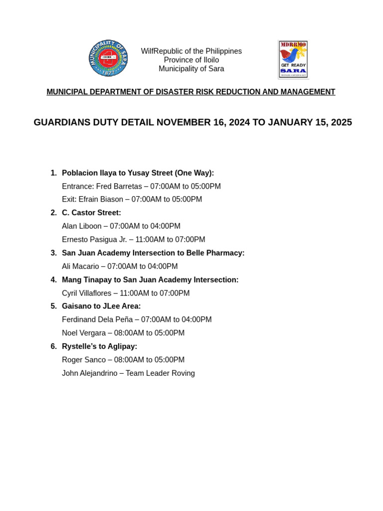 Guardians Duty Detail Schedule | PDF