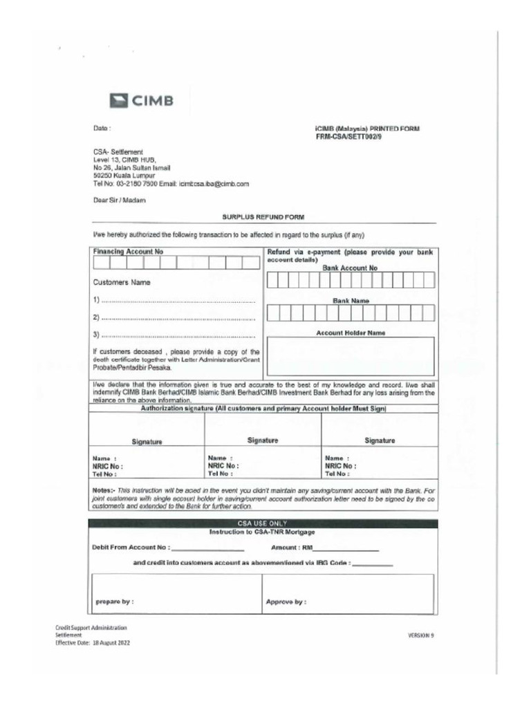 CIMB Excess Refund Form | PDF