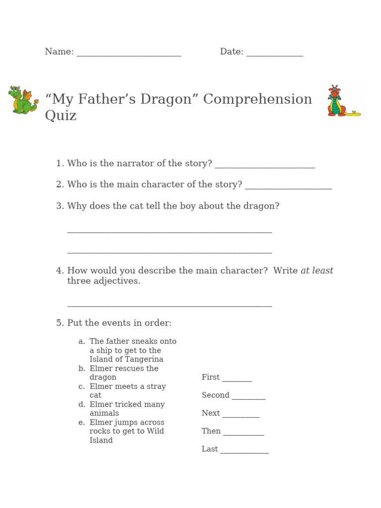 "My Father's Dragon" Comprehension Quiz: at Least | PDF | General Fiction