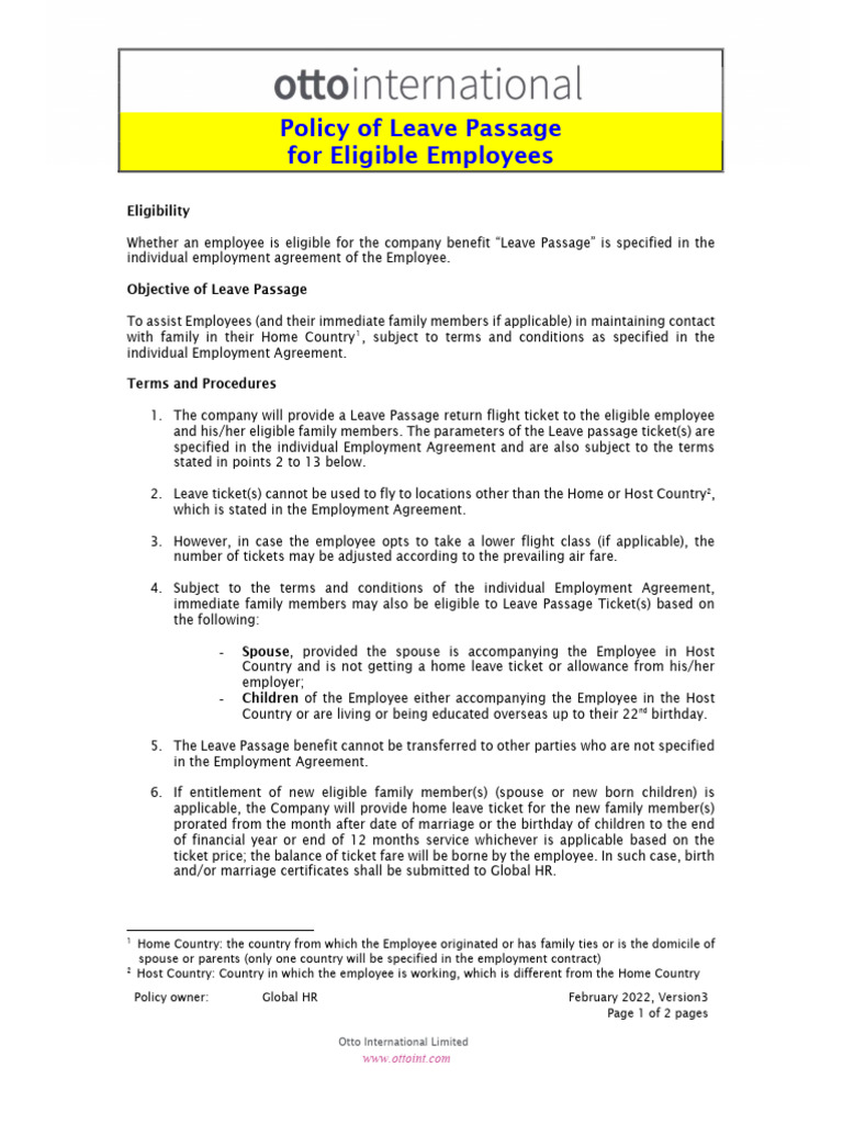 Home Leave Benefit Policy OI - 2022 V3 | PDF | Employment | Taxes