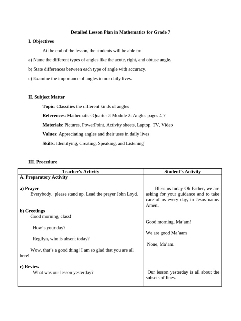 Detailed Lesson Plan For Mathematics Grade-7 | PDF | Behavior ...