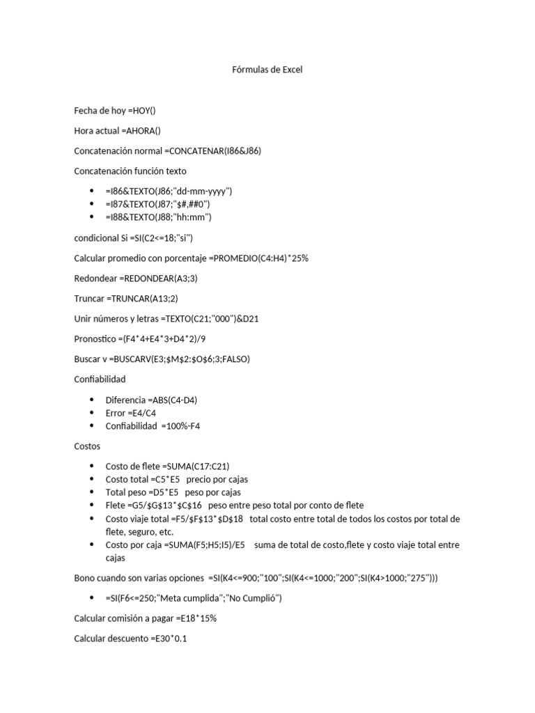 Fórmulas De Excel Pdf