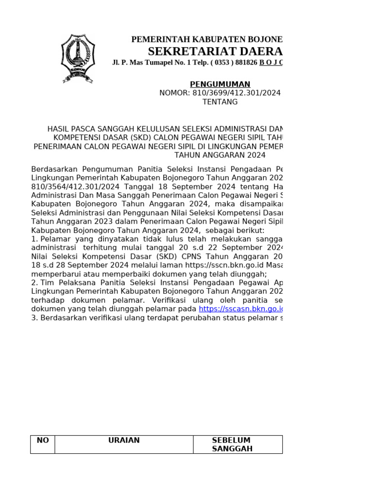 Pengumuman Pasca Sanggah Hasil Seleksi Administrasi CPNS 2024 | PDF | Hukum | Teknologi & Rekayasa