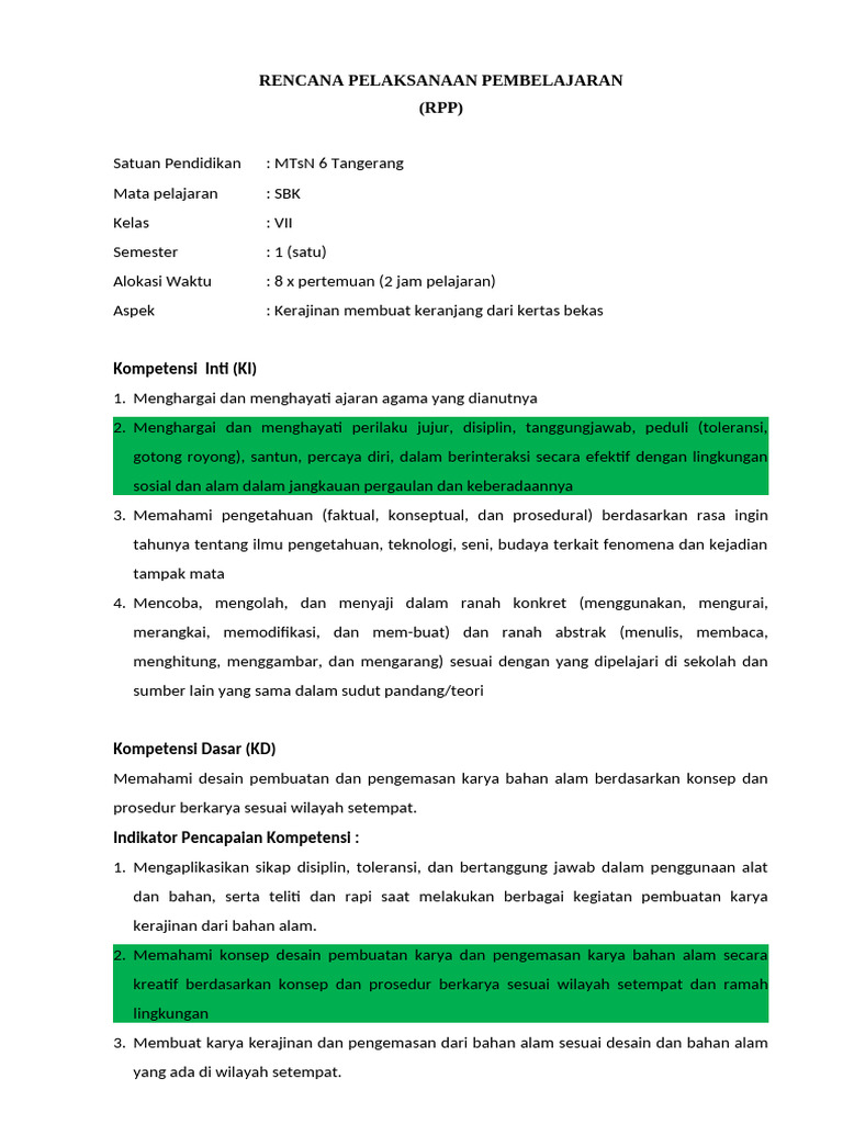 RPP SBK Kelas VII MTsN 6 Tangerang | PDF