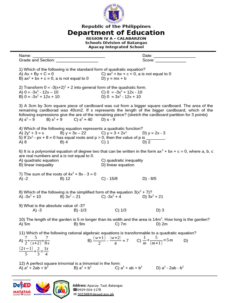 Math 9 | PDF | Quadratic Equation | Equations