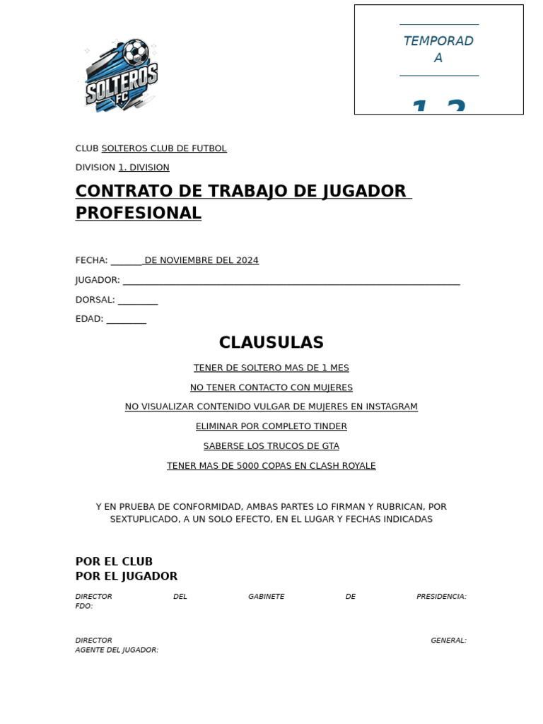 Club Solteros Club de Futbol (Contrato) | PDF