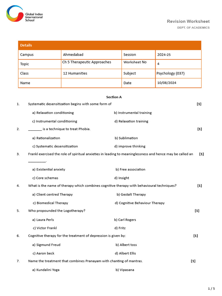 Ch 5 Therapuetic Approach Worksheet | PDF | Psychotherapy | Behaviour ...