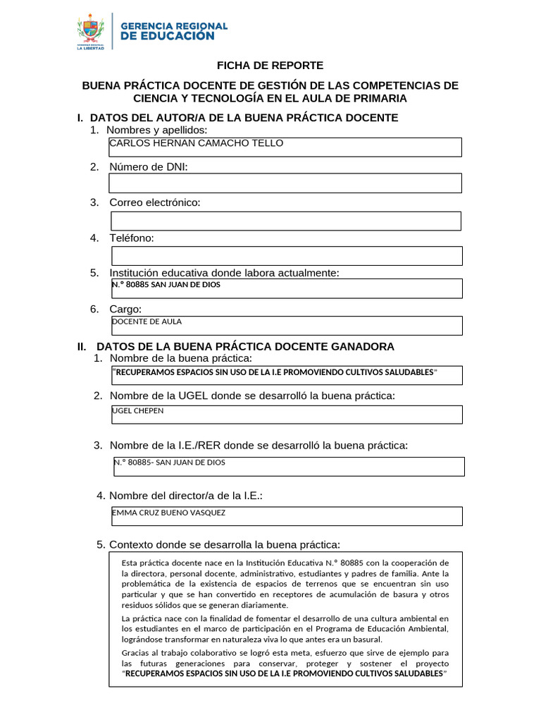 FORMATO - REPORTE BUENA PRÁCTICA C y T I.E 80885 SAN JUAN DE DIOS | PDF ...