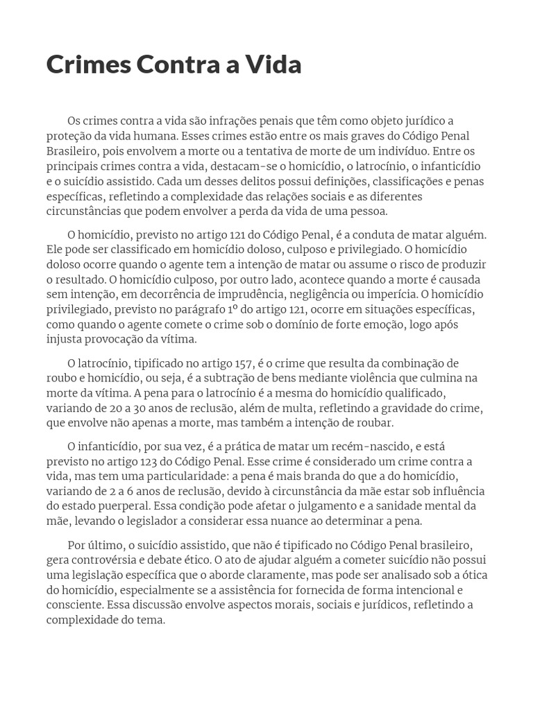 Crimes Contra A Vida | PDF | Homicídio | Crimes