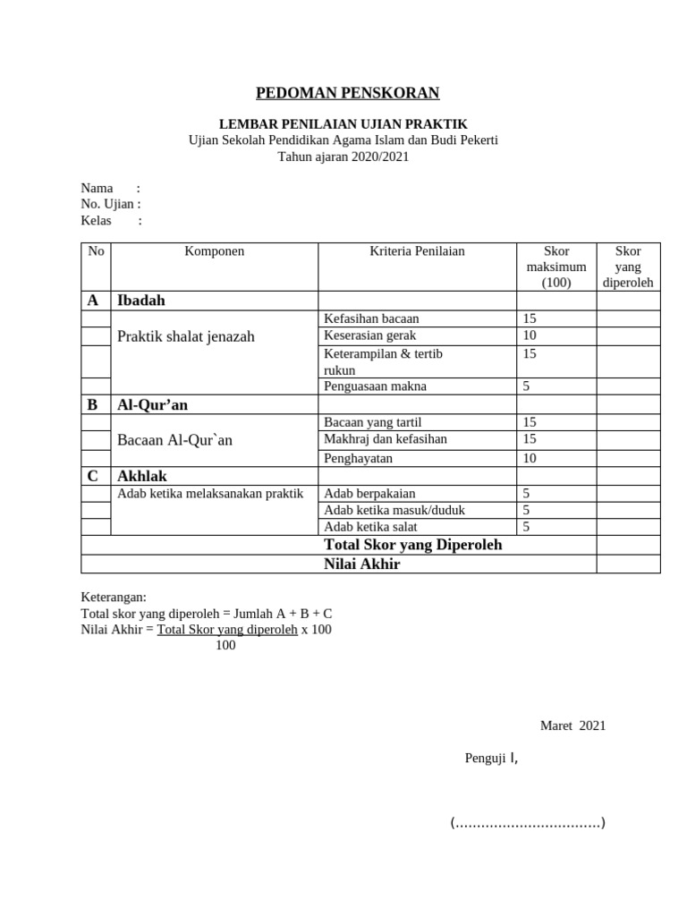Pedoman Penilaian Ujian Praktik Pai Kelas Xii | PDF