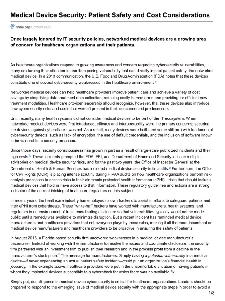 Article Medical Device Security Patient Safety and Cost Considerations ...