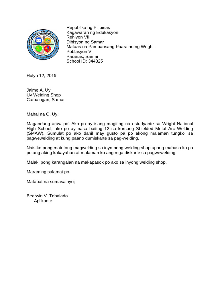 WNHS OJT Application Letter | PDF
