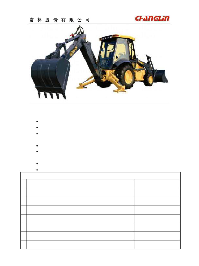 Changlin WZ30 Backhoe Loader Specification PDF | PDF | Loader (Equipment) | Diesel Engine