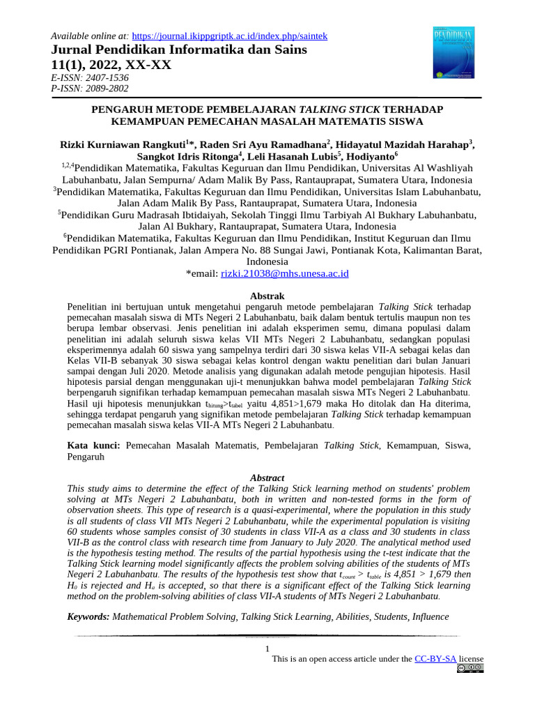 Pengaruh Metode Pembelajaran Talking Stick Terhadap Kemampuan Pemecahan Masalah Matematis Siswa ...