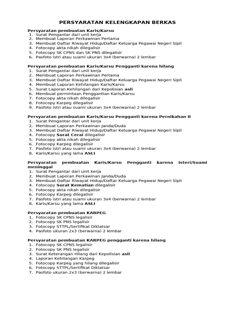 Persyaratan Pembuatan Karis, Karsu, Karpeg | PDF