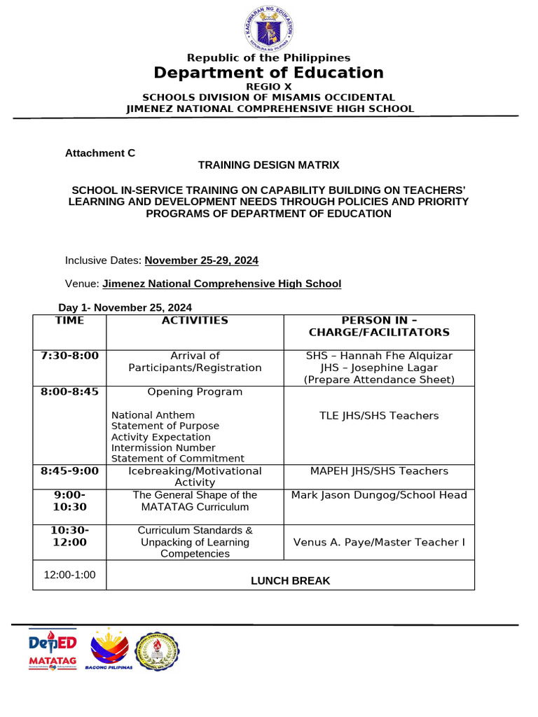 Training Design Matrix For Inset-2024-2025 | PDF | Behavior Modification | Learning