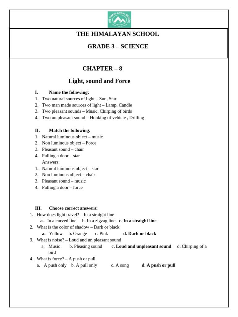 Chapter 8 Science Answers | PDF | Light | Shadow